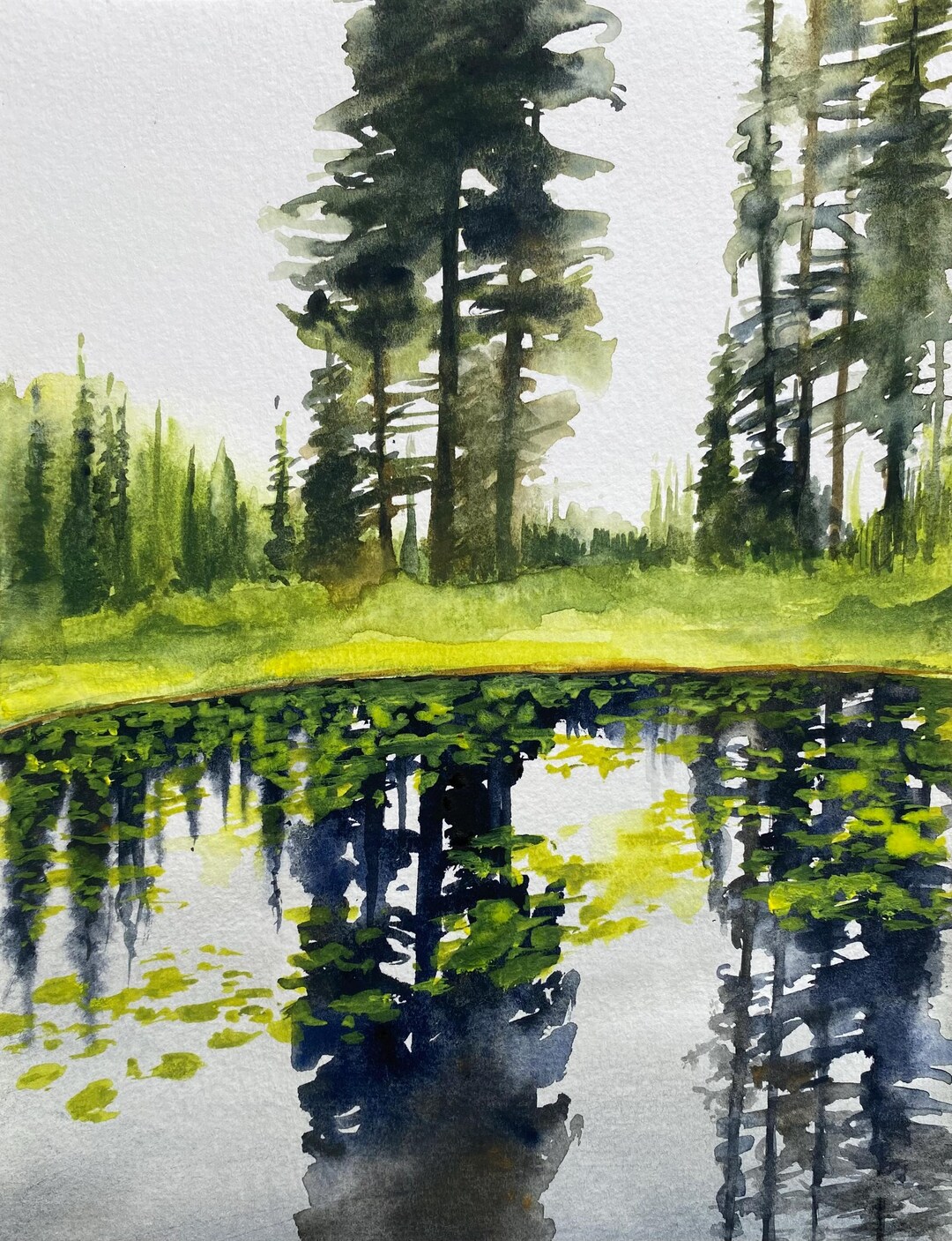 PNW Watercolor, PNW Lake, Lake Reflection, Watercolor Trees, Watercolor ...