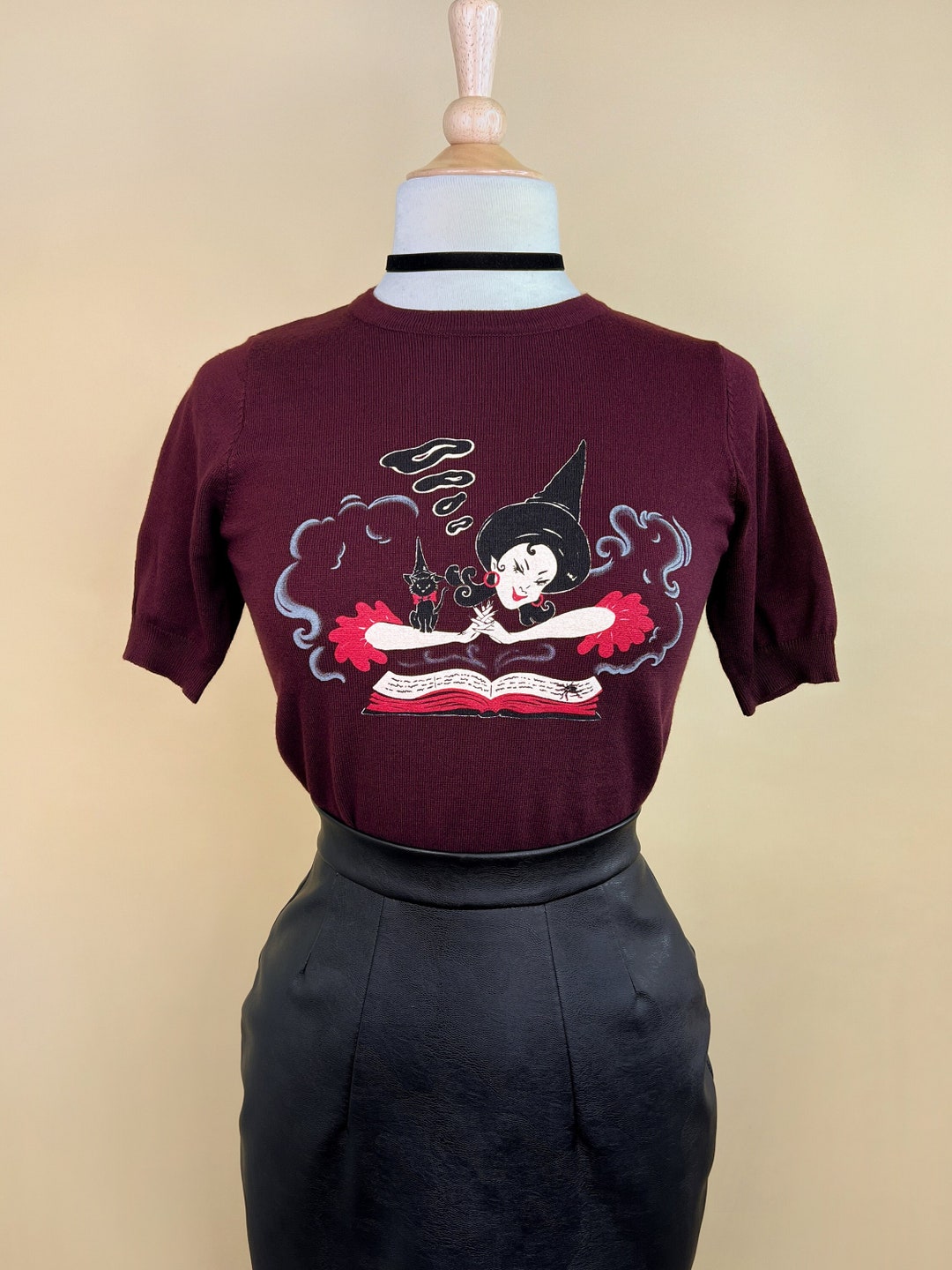 Witch Bible Short Sleeve Sweater in Burgundy Size S,M,L,XL in Vintage ...