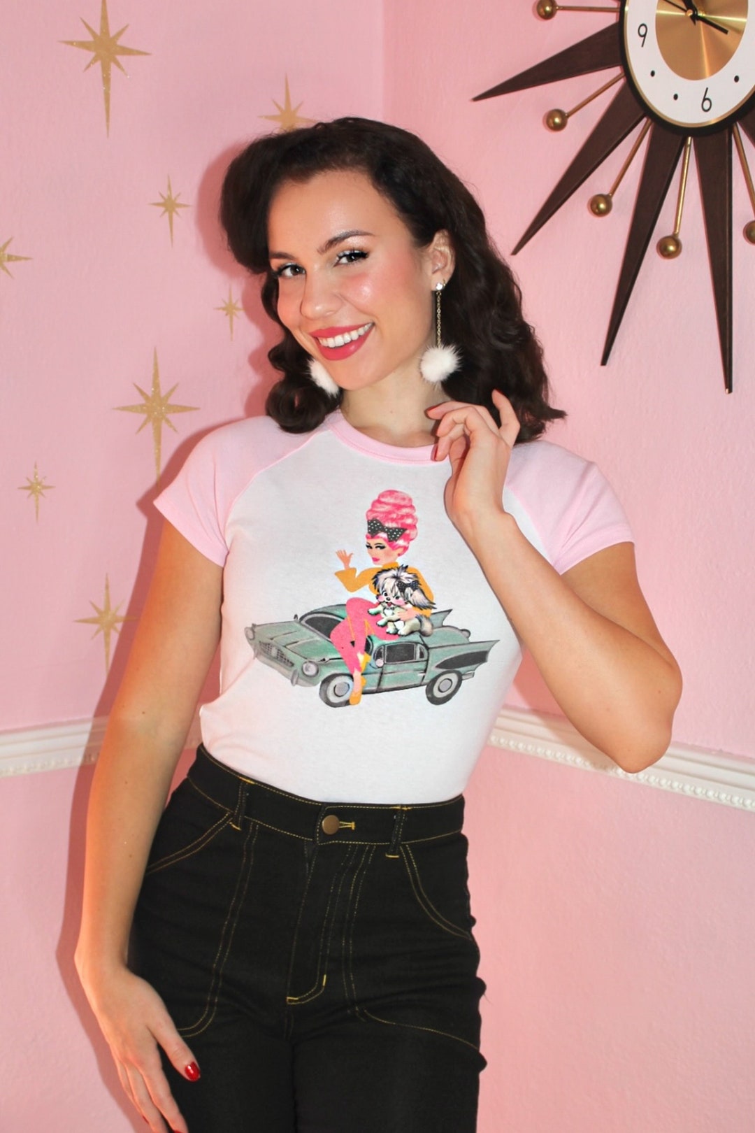 Beehive Highway Cropped Raglan Baby Tee in White/pink Size S, M, L,XL ...