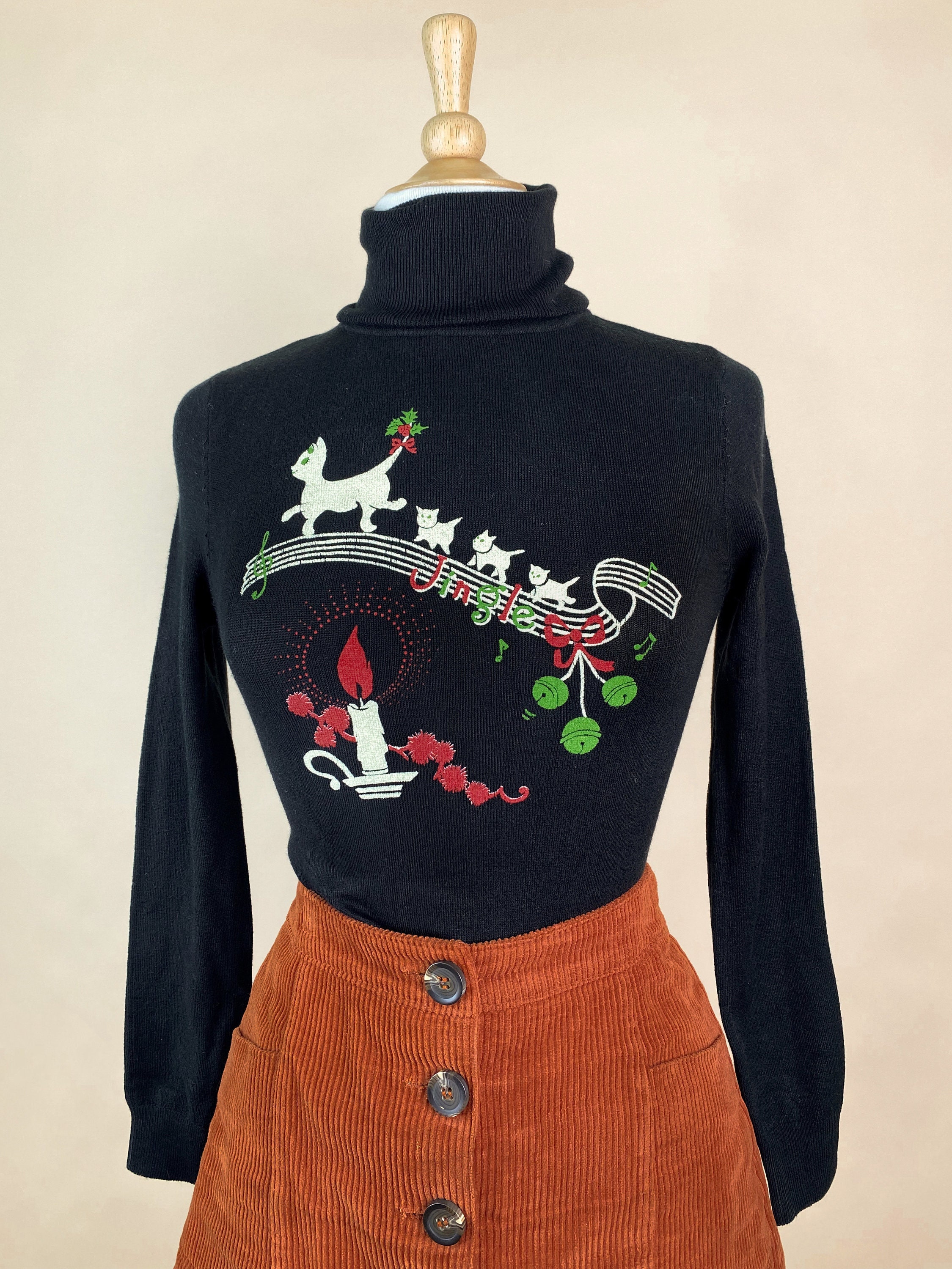 Jingle Cats Turtleneck Sweater in Black Size S M L Vintage - Etsy