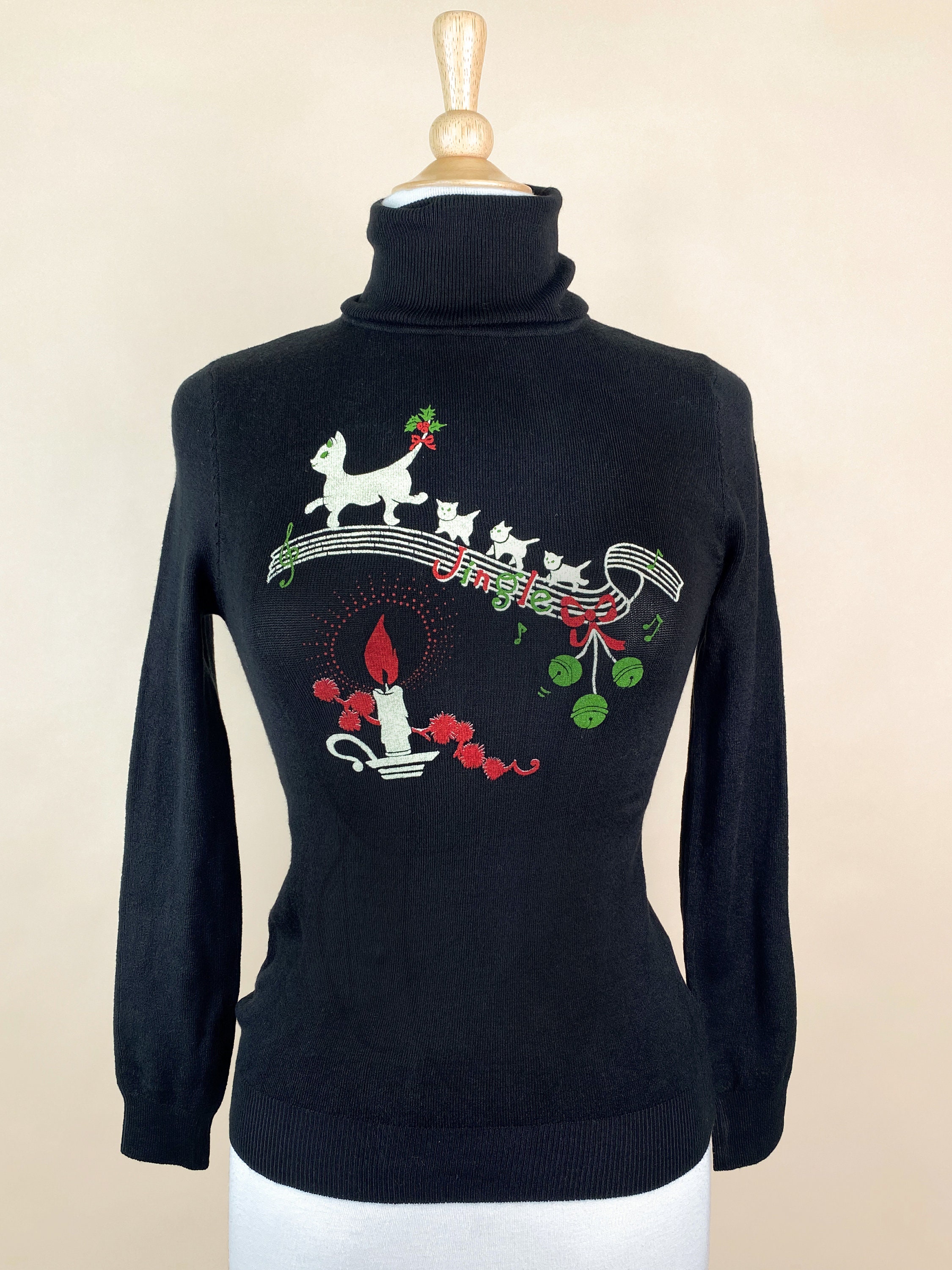 Jingle Cats Turtleneck Sweater in Black Size S M L Vintage | Etsy