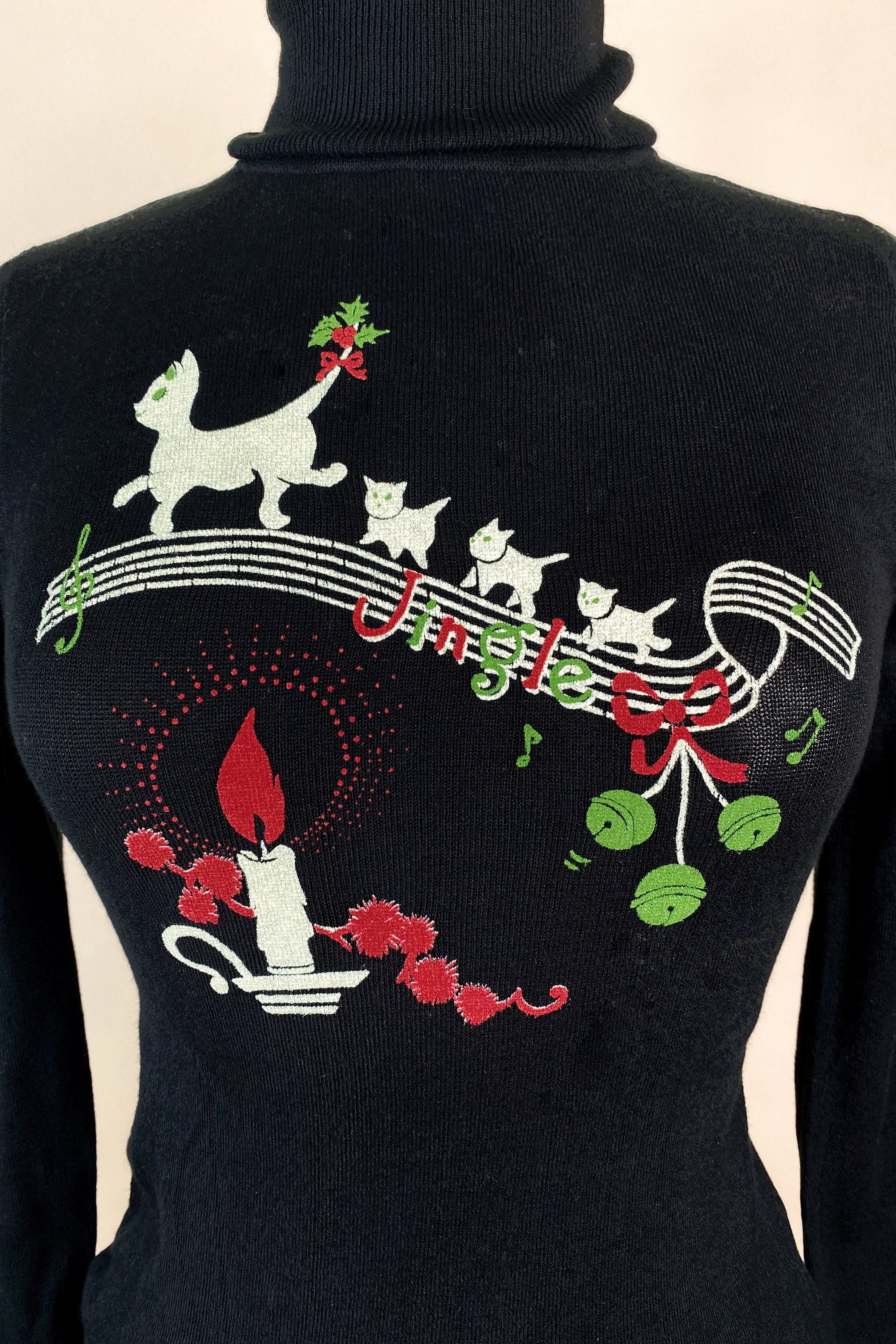 Jingle Cats Turtleneck Sweater in Black Size S M L Vintage | Etsy