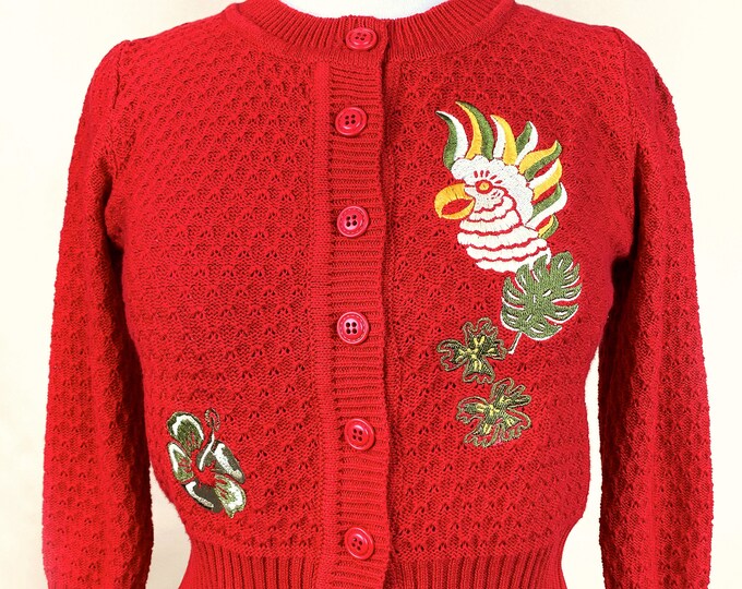 Cockatoo Cropped Cardigan in Red Size S,M,L,XL Sweater Vintage Inspired ...