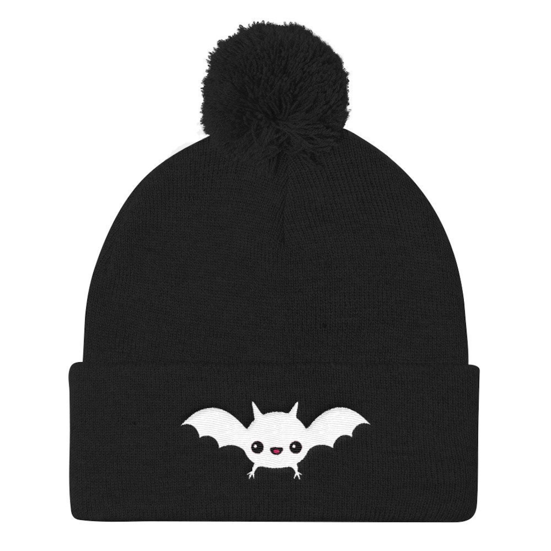 Kawaii Bat Beanie, Pastel Goth Winter Hat, Soft Grunge Cute Pom Pom ...