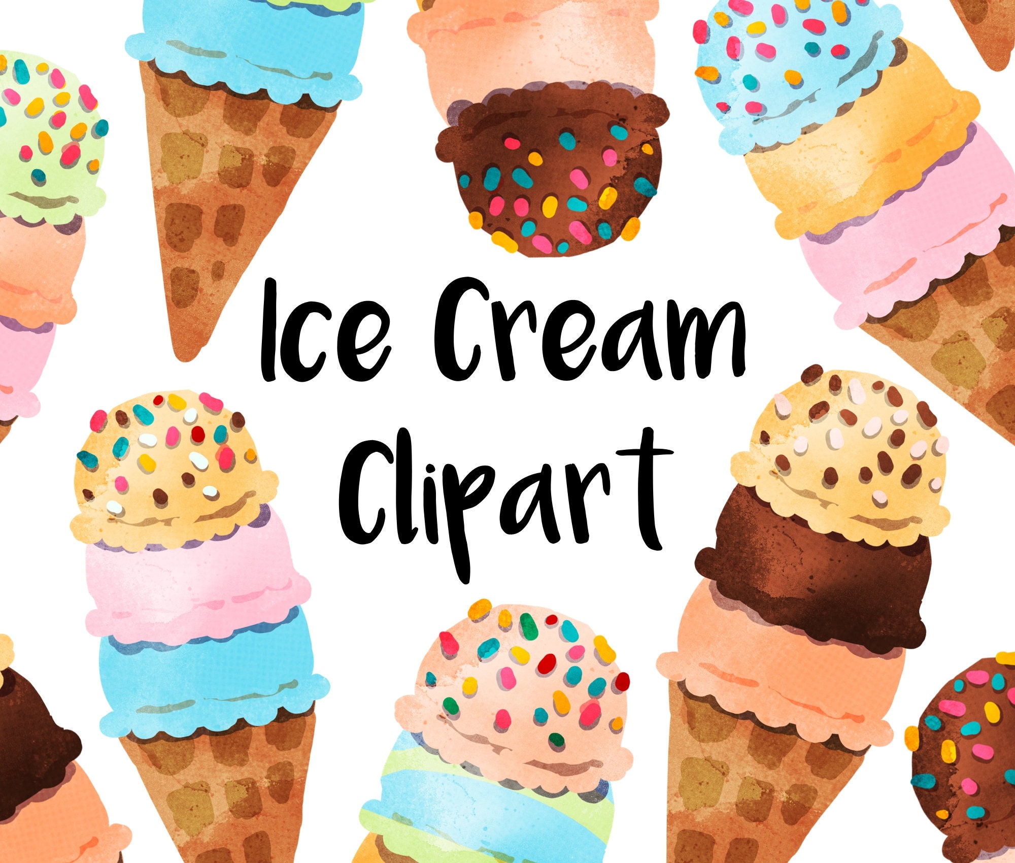 Ice Cream Watercolor Clipart, Instant Download, Triple Scoop, Ice Cream ...