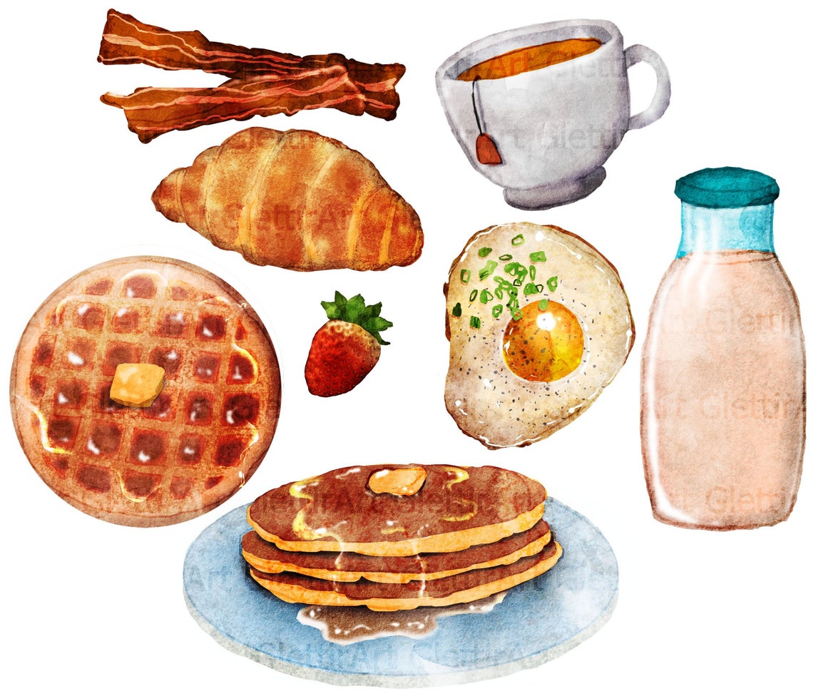 Breakfast Watercolor Clipart, Instant Download, Bacon, Eggs, Pancakes ...