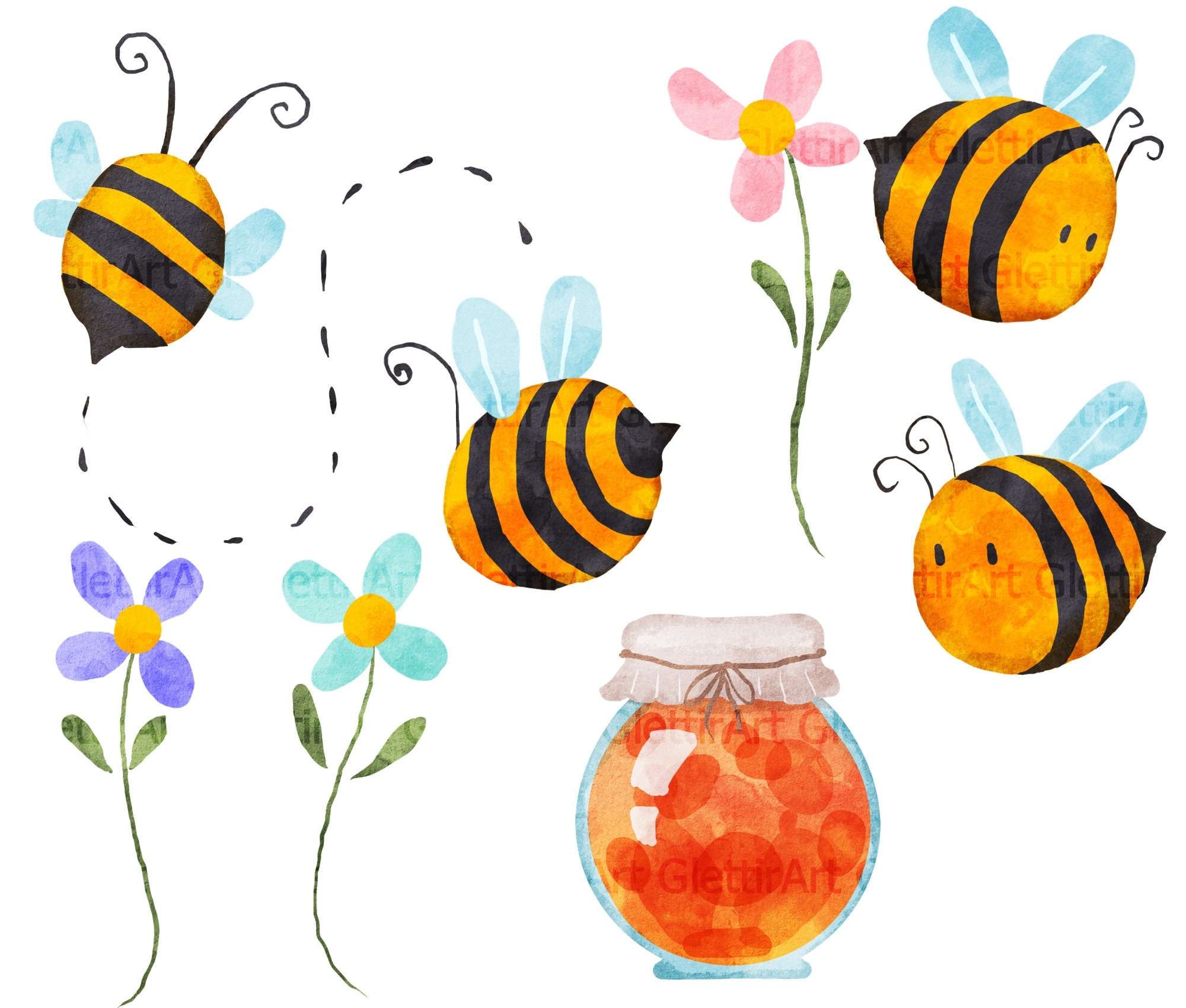 Bees Watercolor Clipart, Instant Download, Bee Clip Art, Honey, Floral ...