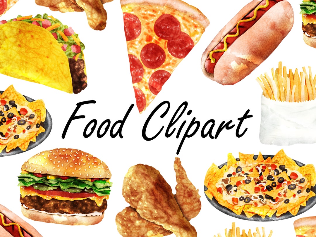 Fast Food Watercolor Clipart, Hamburger Clipart, Fries Clipart, Pizza ...