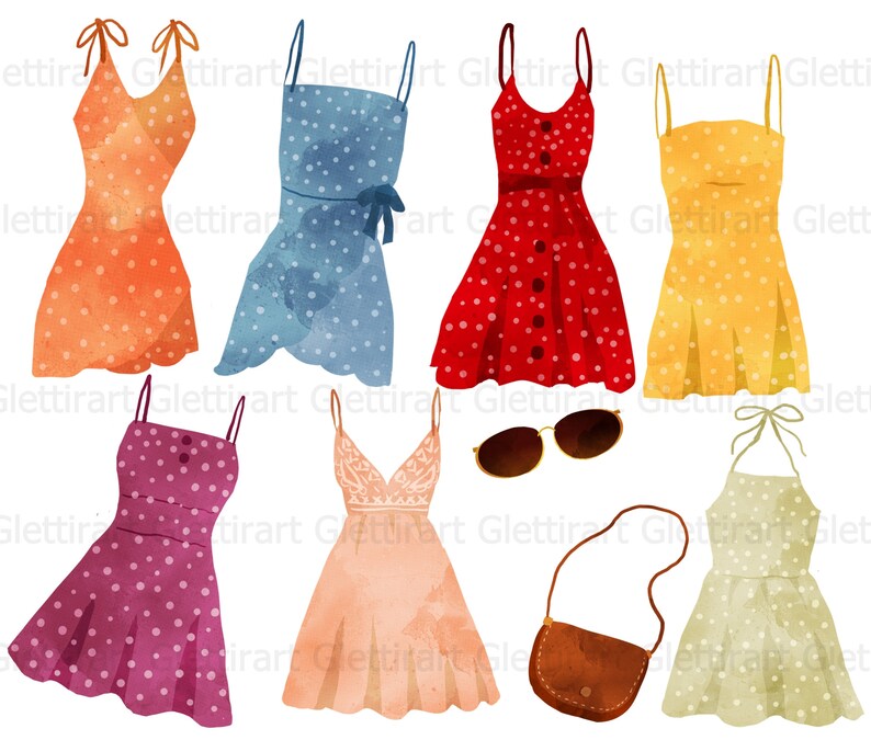 Dress Watercolor Clipart, Instant Download, Polka Dot Dresses Clip Art ...