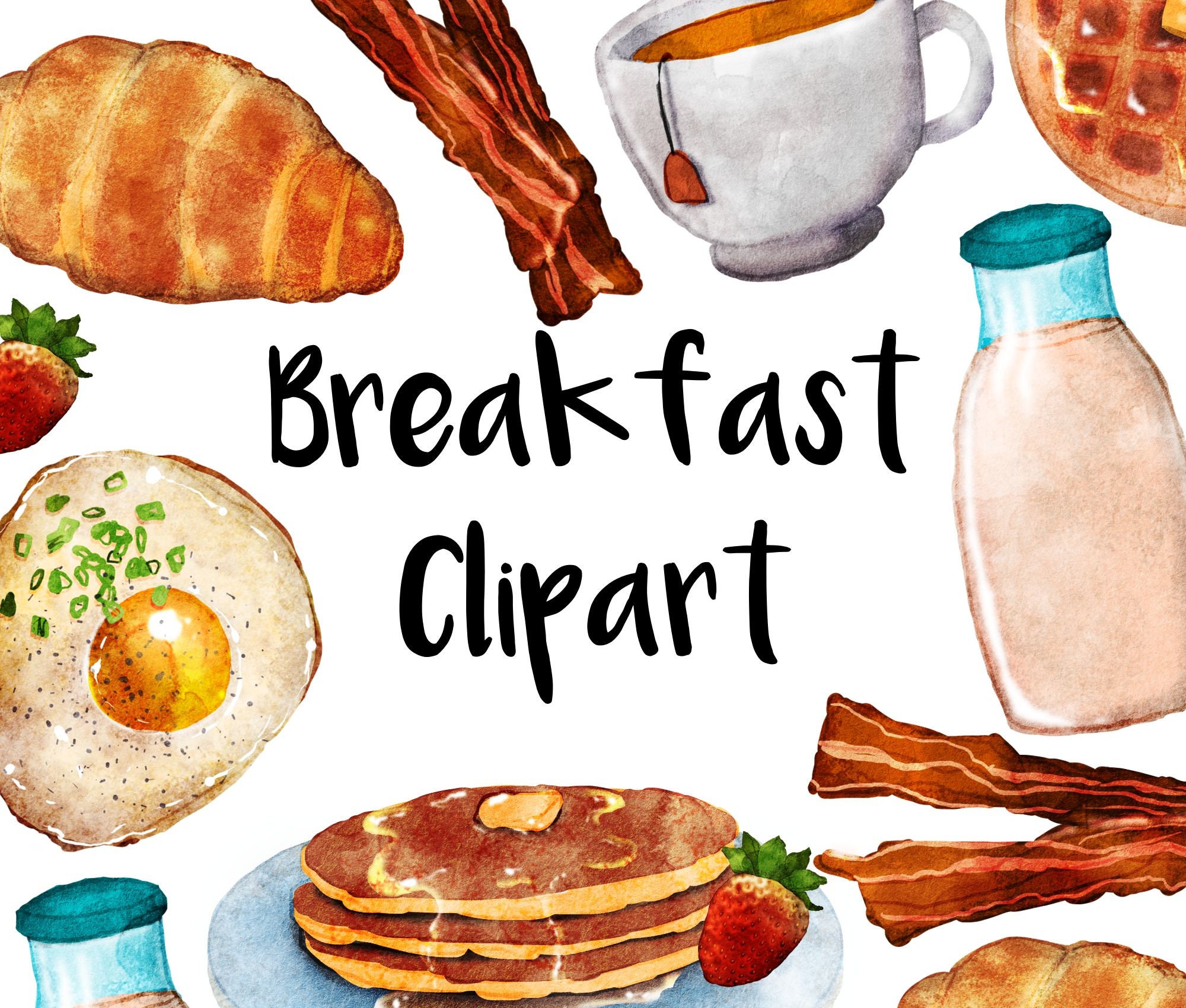Breakfast Watercolor Clipart Instant Download Bacon Eggs | Etsy