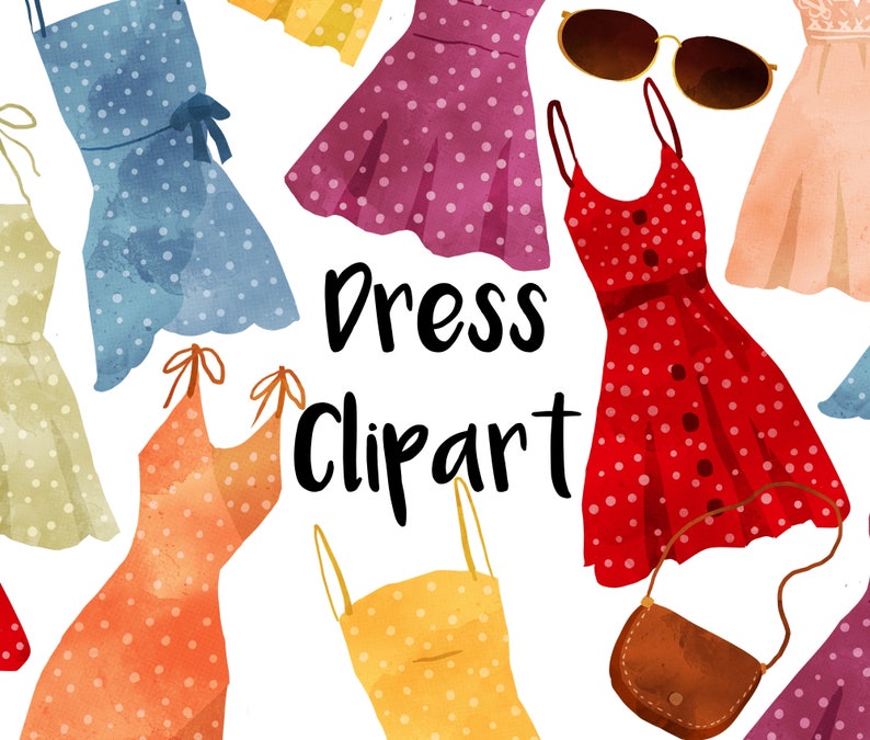 Dress Watercolor Clipart, Instant Download, Polka Dot Dresses Clip Art ...