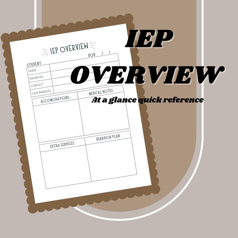 IEP Overview Printable at a Glance Special Education Teacher - Etsy