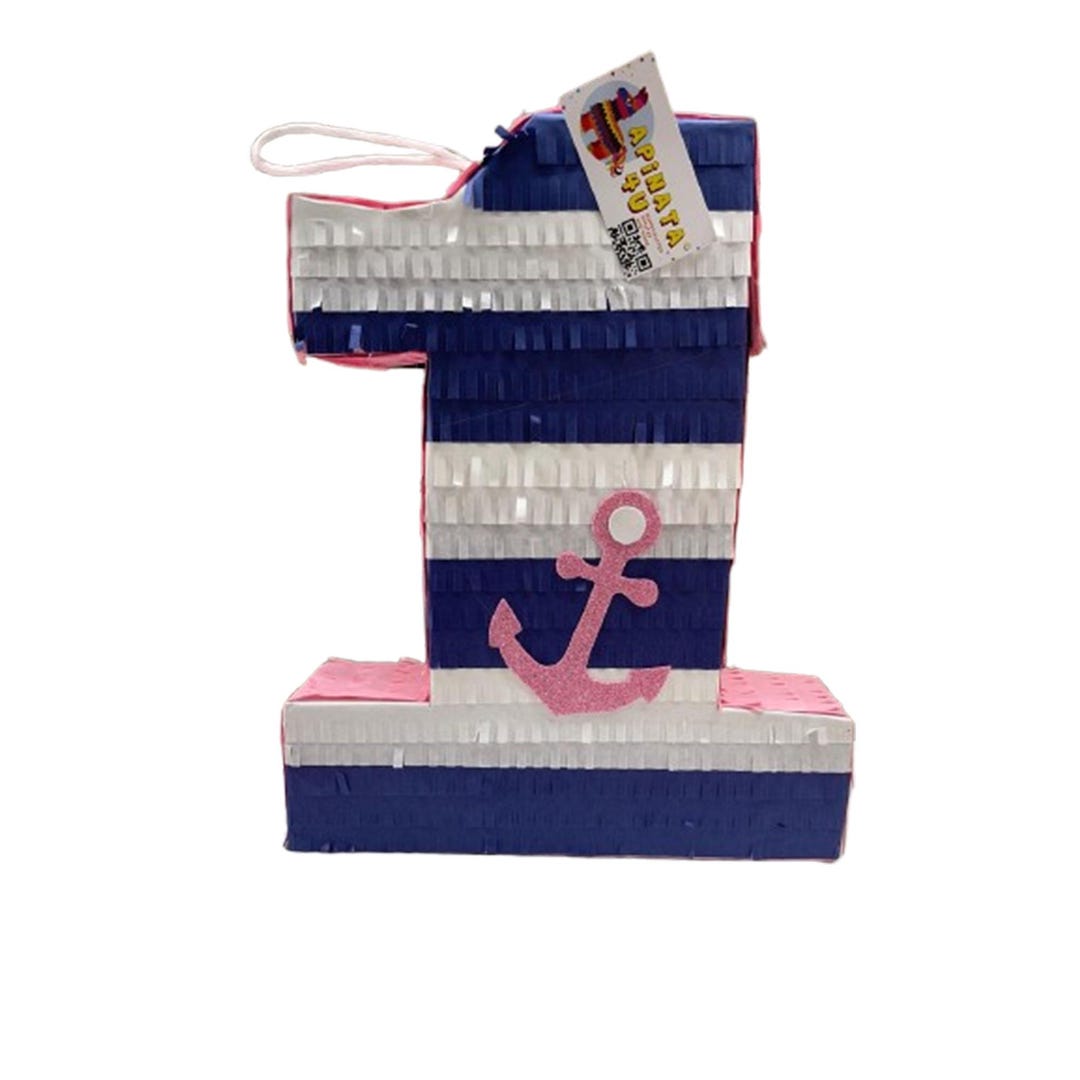 Nautical Number One Pinata With Red Anchor, Navy Blue and White Stripes ...