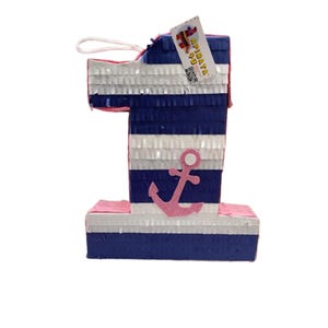 Nautical Number One Pinata With Red Anchor, Navy Blue and White Stripes ...