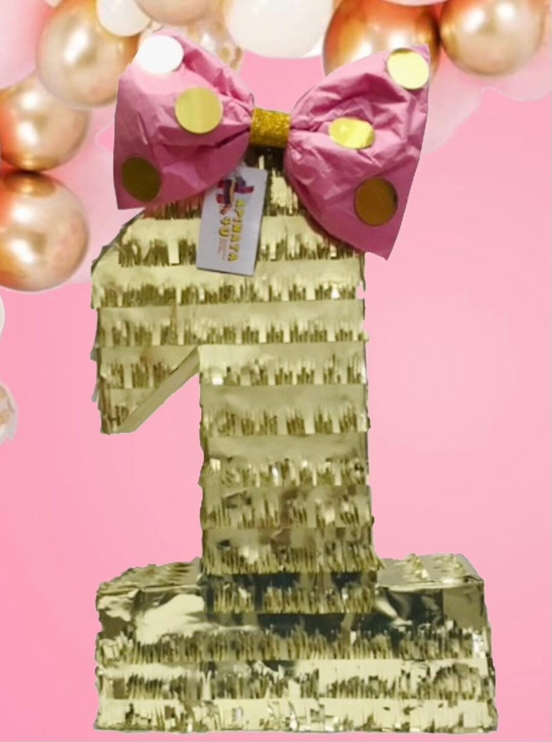 20'' Tall Number One Pinata Gold Color With Pink Bow First Birthday ...
