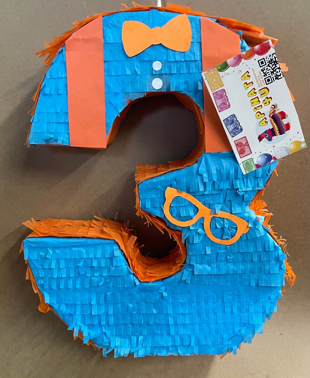 Number 3 Pinata With Bow Tie and Glasses, Blue and Orange Design, Party ...
