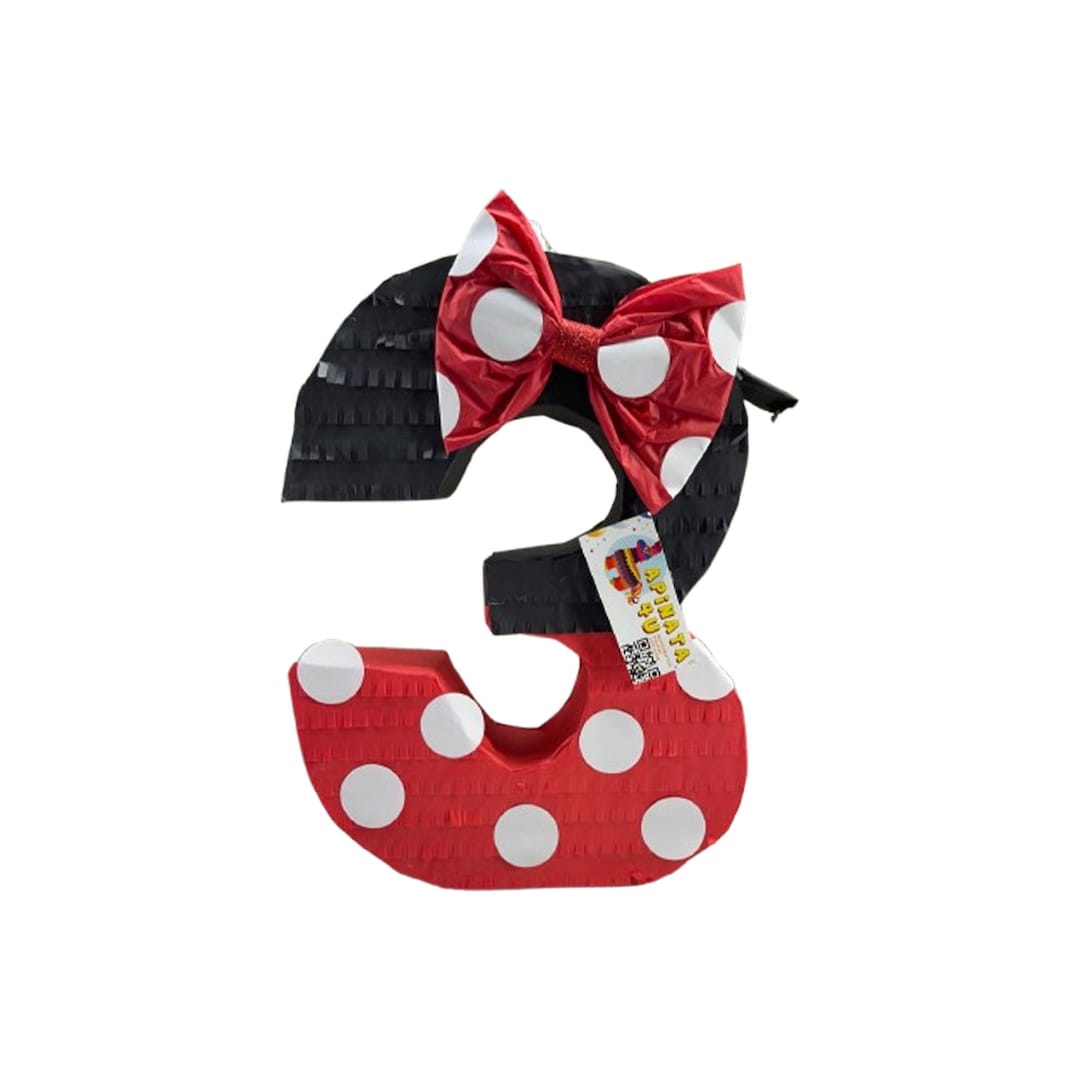 Red and Black Number Three Pinata With Bow and Polka Dotes, Disney ...