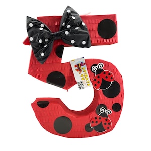 Number Five Red Pinata With Bow, Black & White Polka Dots Ladybug ...