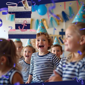 Nautical Number One Pinata With Red Anchor, Navy Blue and White Stripes ...
