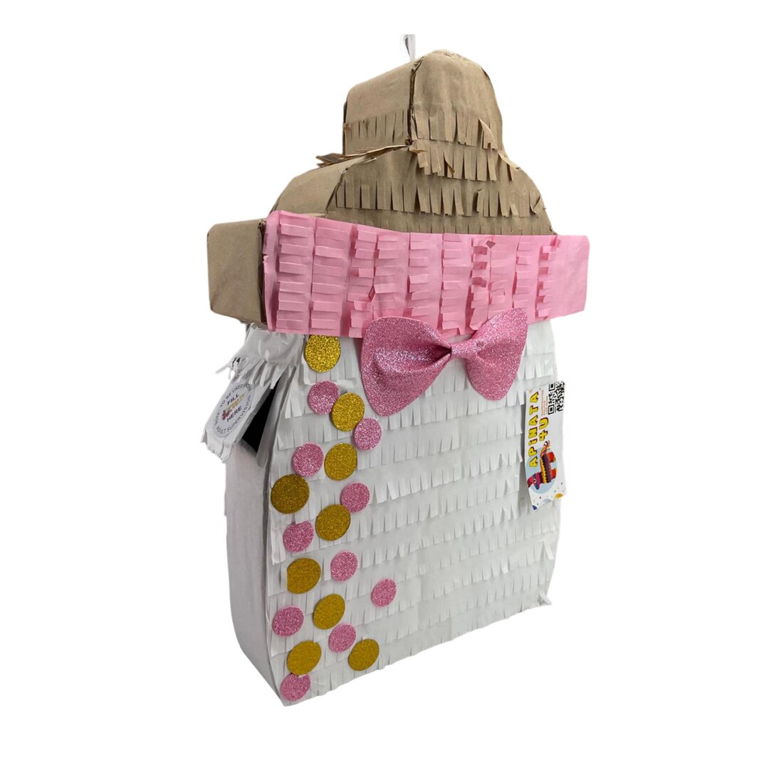 Bottle Pinata With Bow, Baby Girl Pinata With Pink & Gold Glitter ...