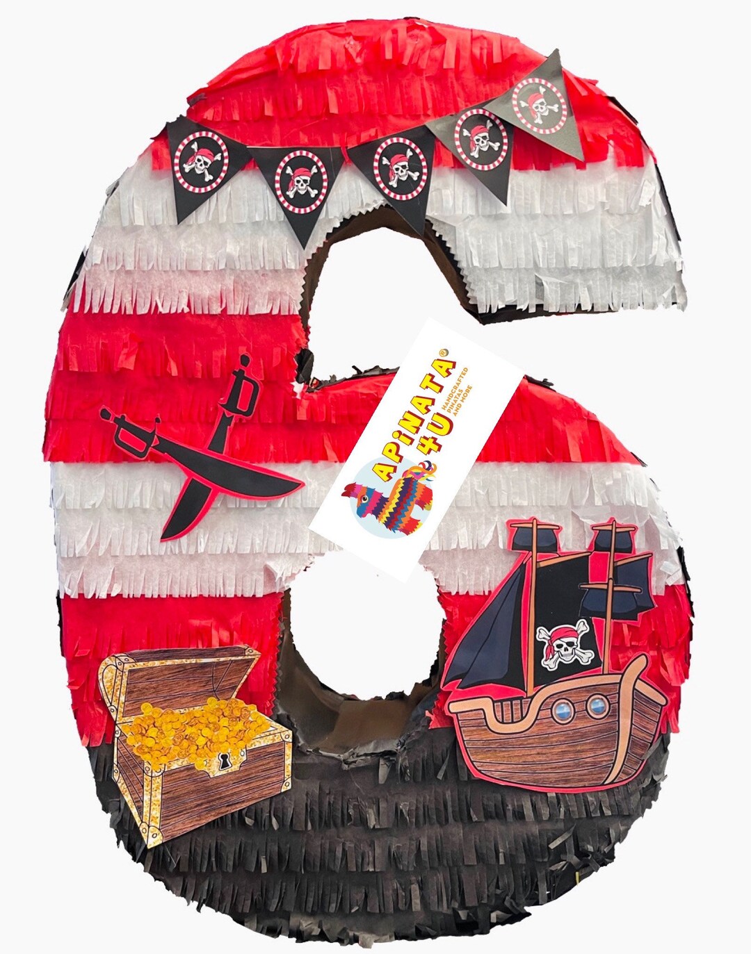20 Inch Tall Number Six Pirate Pinata, Nautical Themed Kids Party ...