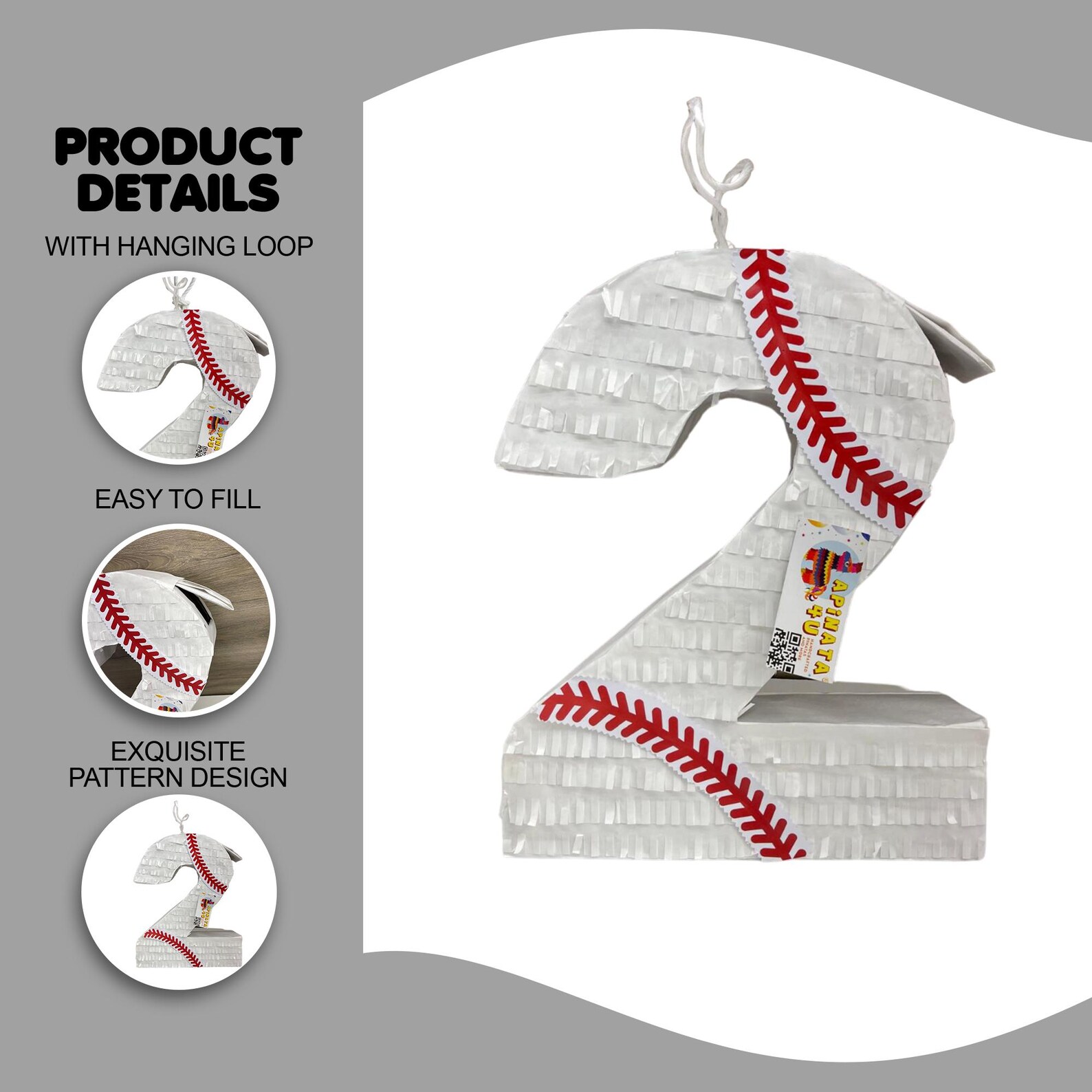 Number Two Pinata, Baseball Themed Pinata for Second Birthday, Sports ...
