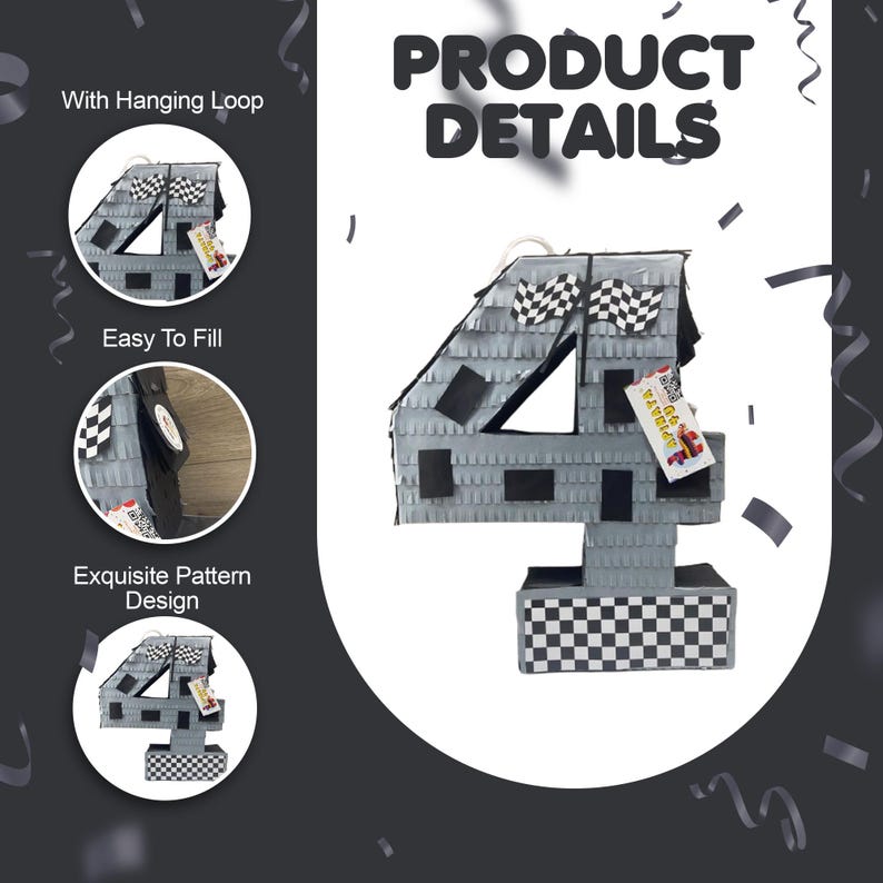 Number Four Race Car Pinata, Black Checkered Flag Pinata for 4th ...