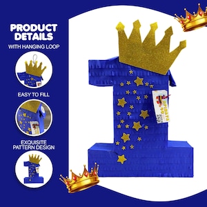 Royal Blue and Gold Crown Number One Pinata for Prince King Little ...