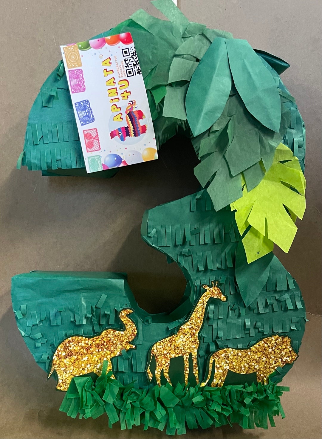 Number Three Pinata Jungle Theme Safari Pinata Green Leaves Zoo Animals ...