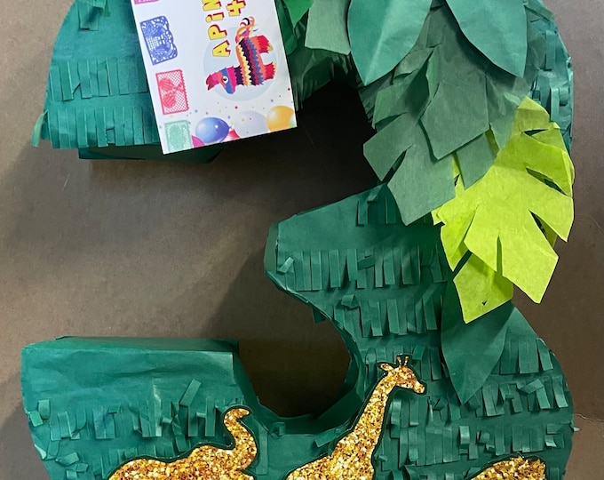 Number Three Pinata Jungle Theme Safari Pinata Green Leaves Zoo Animals ...