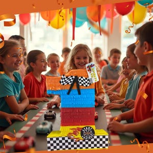 Race Car Themed Number One Pinata, Colorful, Checkered Flag Theme ...