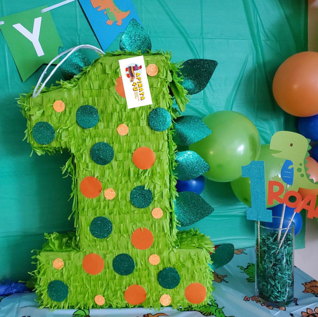 20'' Tall Number One Pinata First Birthday Pinata Bright Green Dinosaur ...
