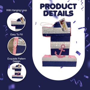 Nautical Number One Pinata With Red Anchor, Navy Blue and White Stripes ...