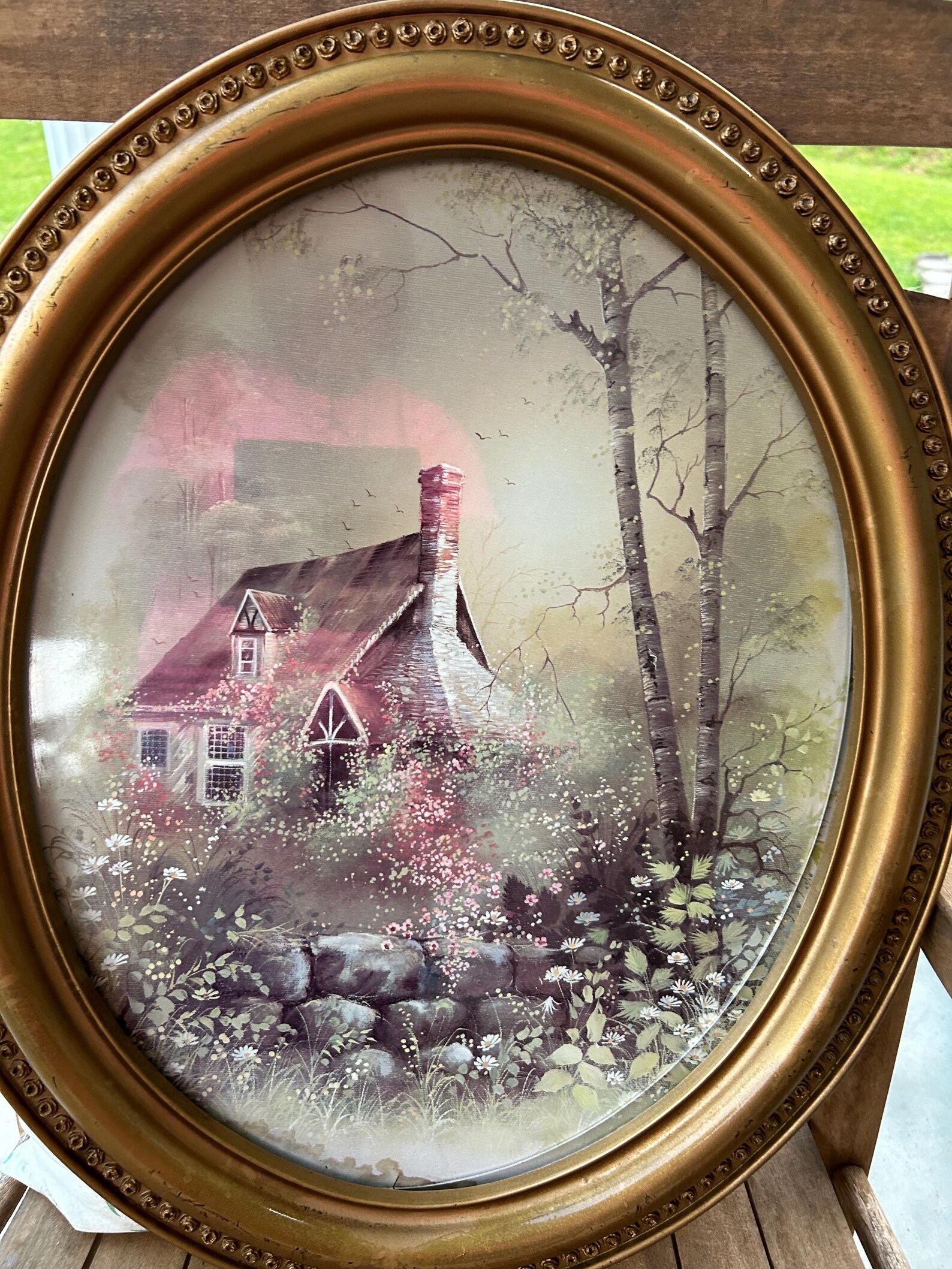 Vintage Syroco 1982 Oval Gold Plastic Picture Frame Cottage in Forest ...