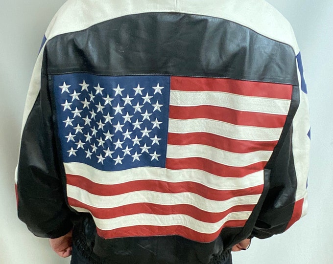 Vintage Black Leather Jacket With Flag Patch Size 42 - Etsy