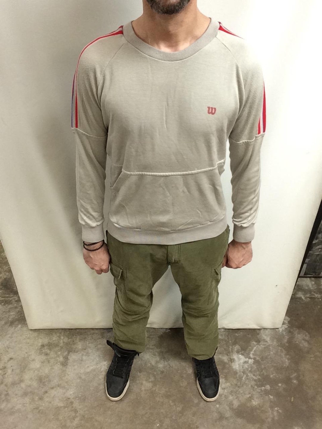 Vintage 90s Wilson Sweatshirt: Gray & Red Stripes, Made in USA (fits ...