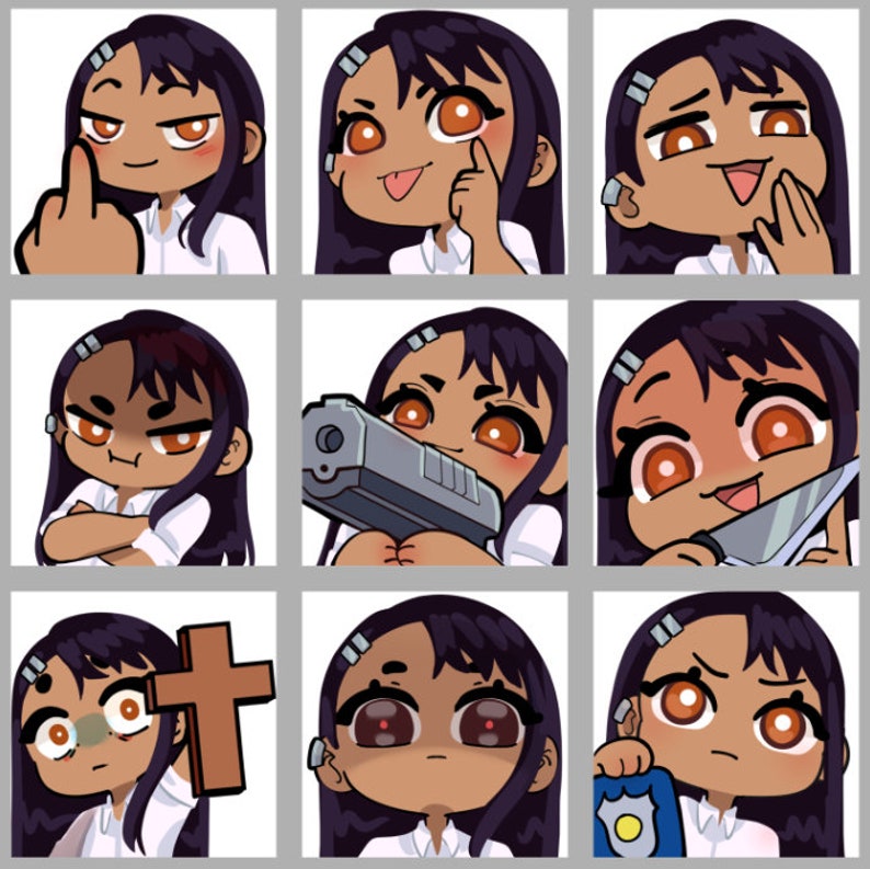 Anime Chibi School Girl Emotes Brown Eyes, Black Hair, Bangs, Tan Skin ...