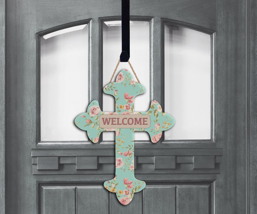 Teal Floral Welcome Sign Cross Sublimation Door Hanger PNG File Digital ...
