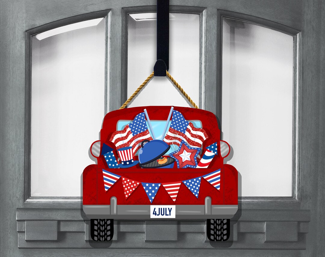 Fourth 4th of July Red Truck Firework America USA Flag BBQ Front Door ...