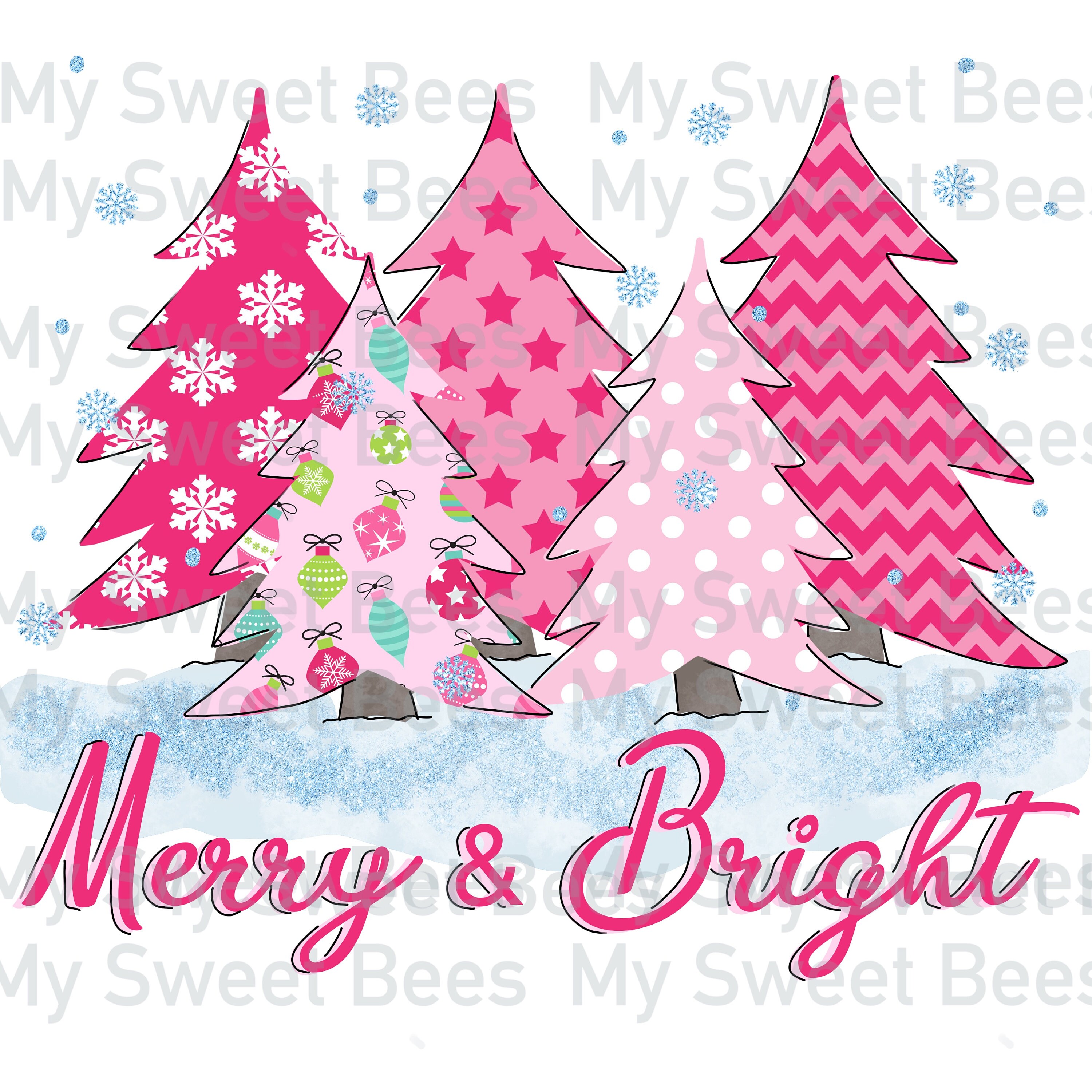 Merry and Bright Pink Christmas Tree Sublimation Digital Design ...