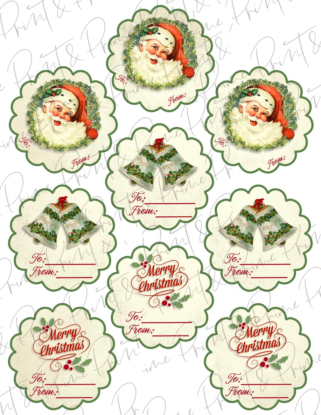 Vintage Santa and Bells Printable Christmas Tags - Etsy