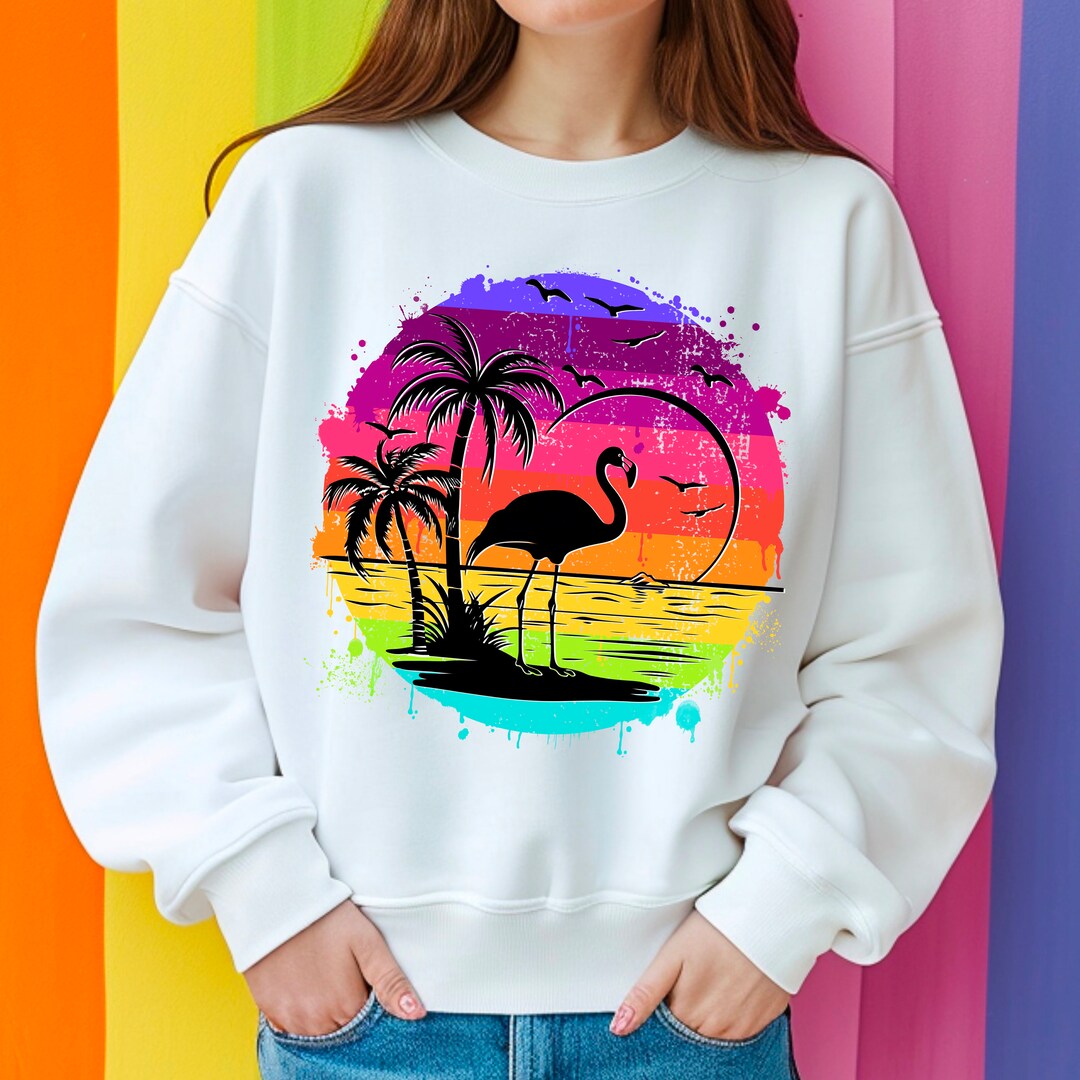 Paint Splatter Bright Neon Tropical Sunset Beach Vacation Flamingo Palm ...
