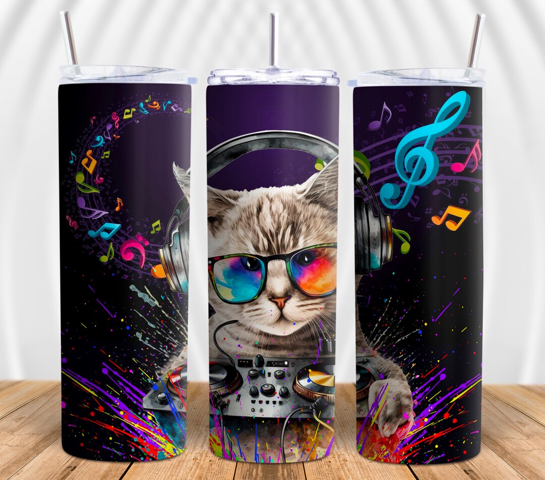 Bright Color Musical Notes DJ Cat Kitten Mixing Dance Club Sublimation ...