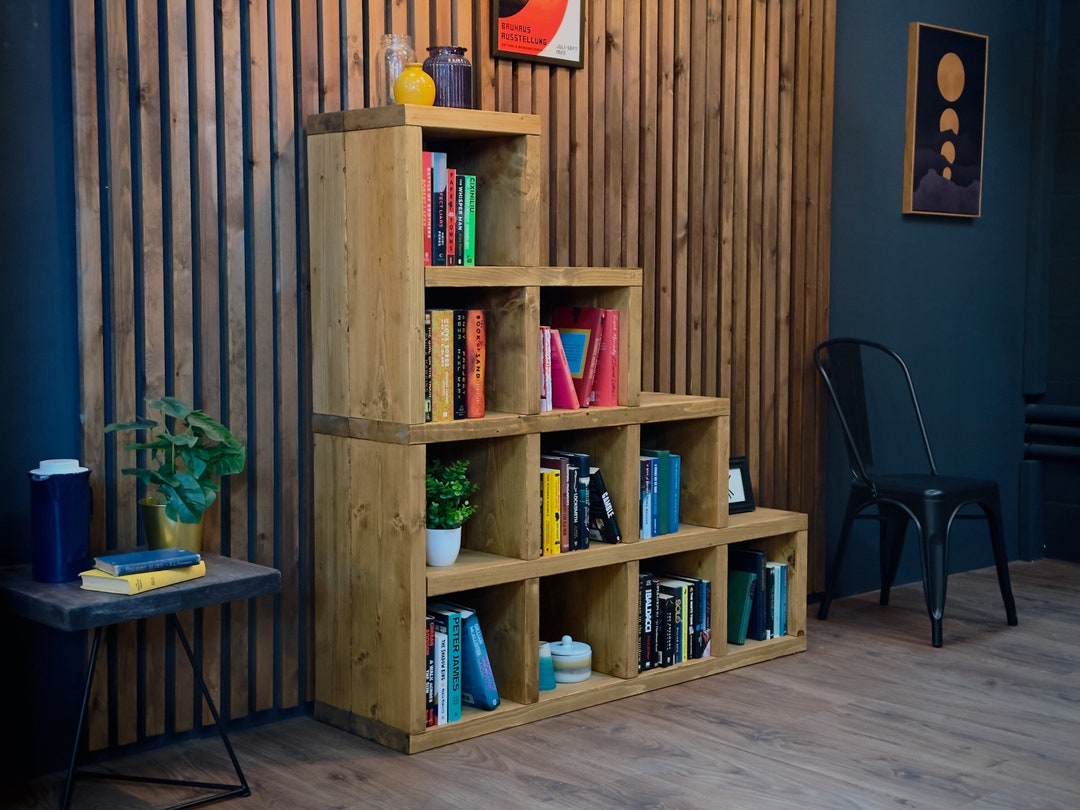 Rustic Step Bookcase | Shelving Unit | Reclaimed Style Solid Wooden ...