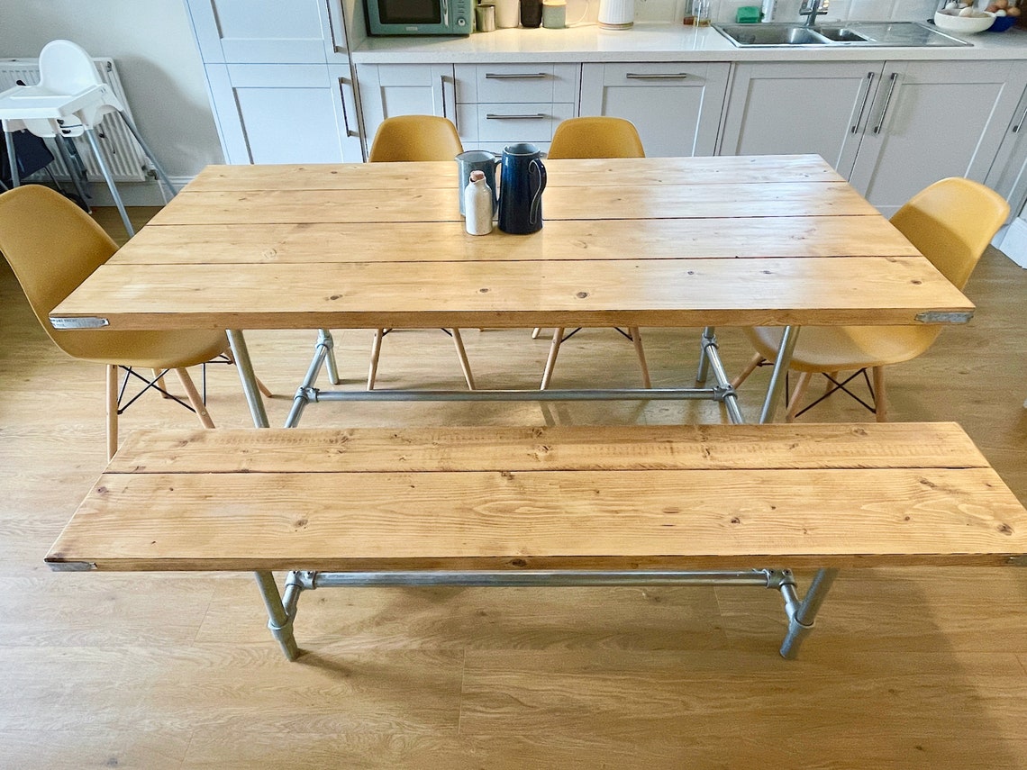 Rustic Scaffold Board Dining Table & Bench on Steel Tube Pipe | Etsy UK