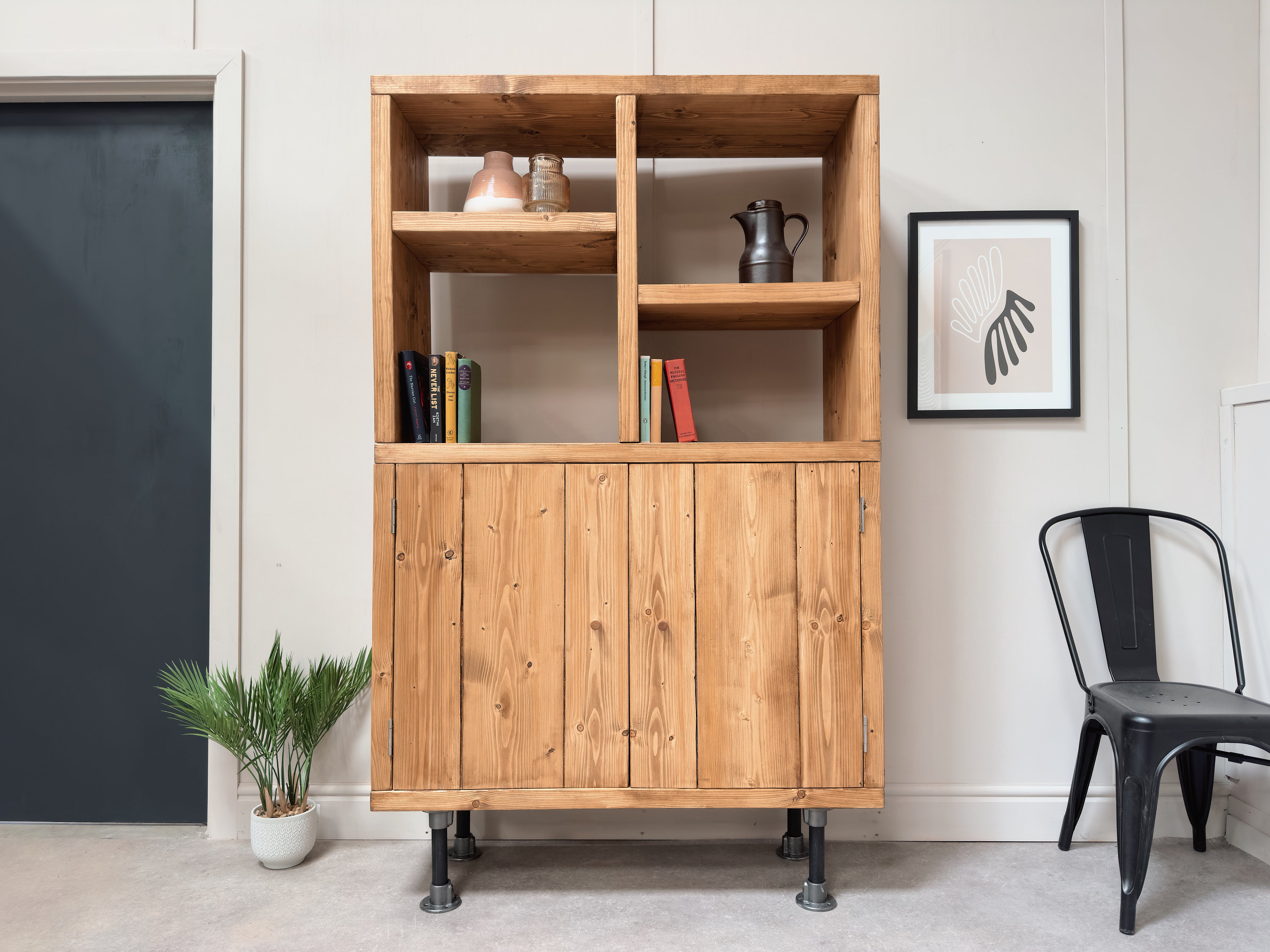 Wooden Cupboard Storage Unit Scaffold Style Natural Timber Bookcase Shelving Steel Tube Legs for Living Room Dining or Office Etsy