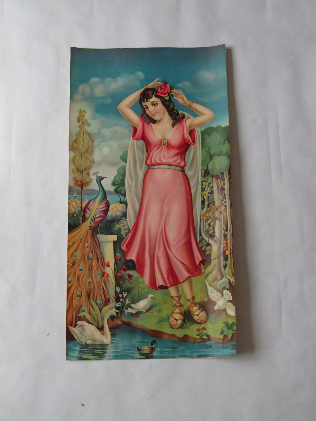 Vintage Woman Chromolithograph by Aggelos Apergis, Greek Art (59x31 Cm ...