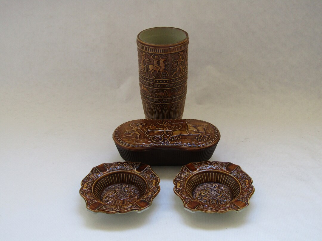 Vintage Set of Ashtrays, Vase and Container - Greek Ashtrays Set ...