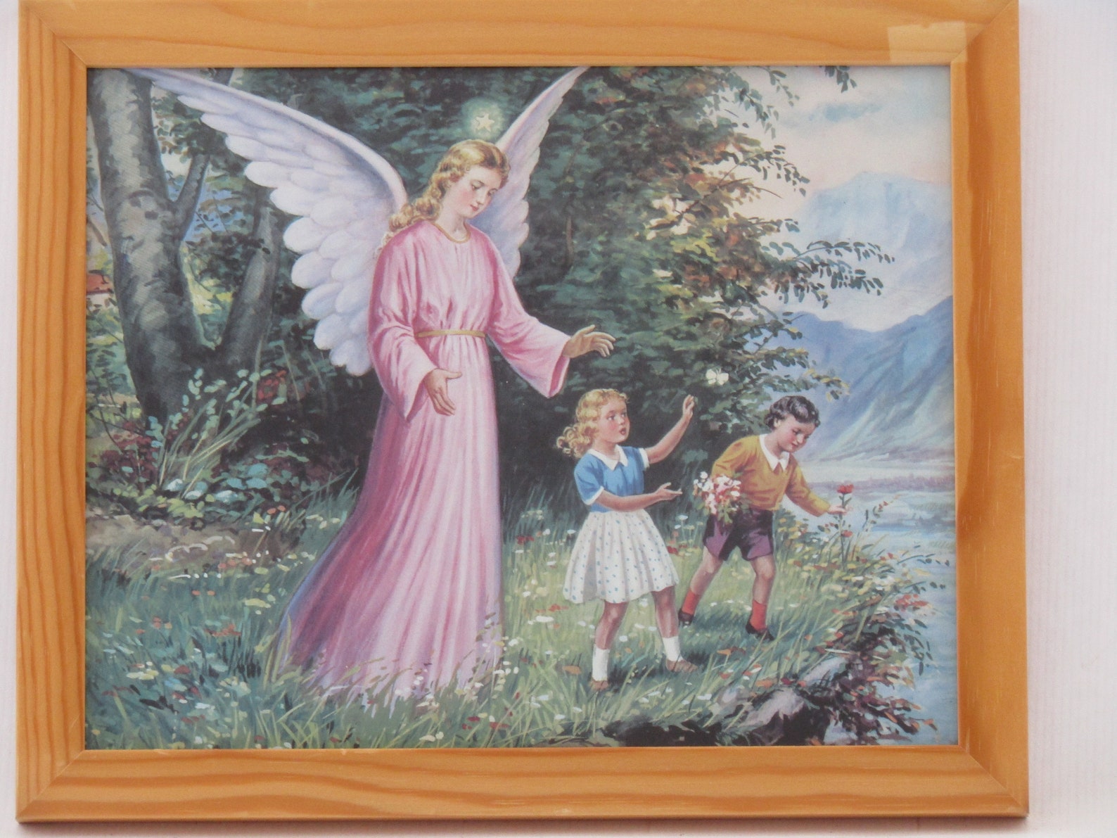 Christian lithography print nursery wall decor angel image | Etsy