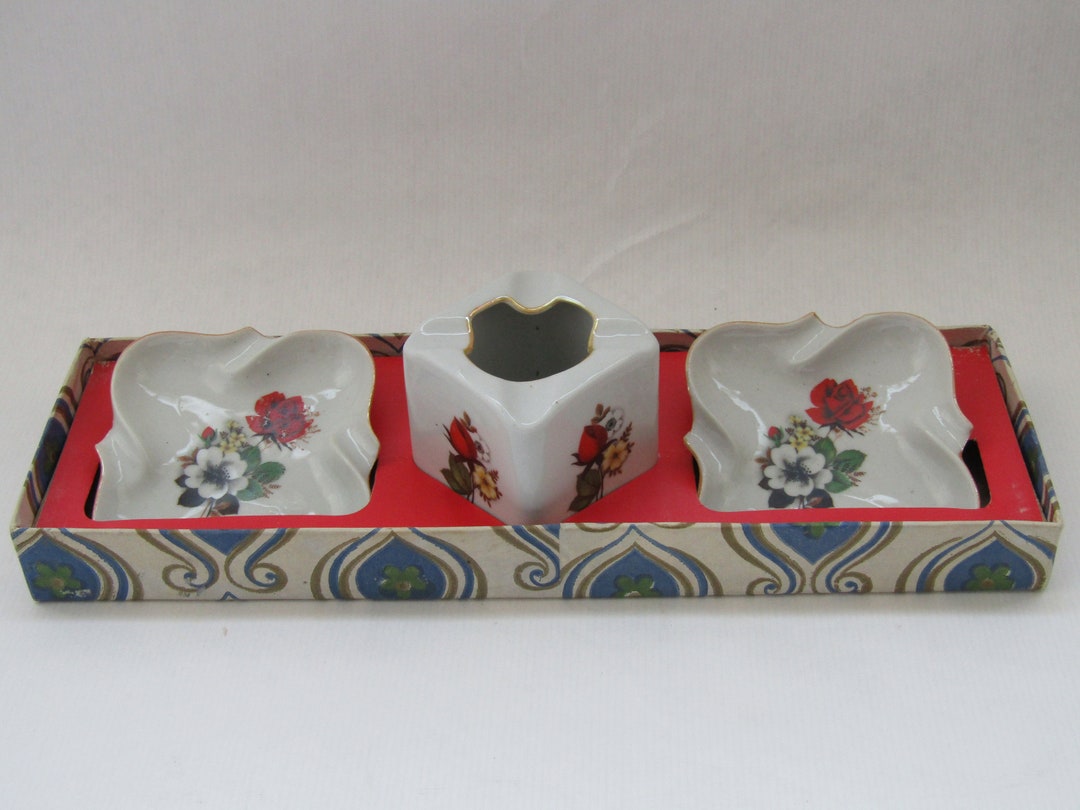 Vintage Ashtray Set, Ashtray Set Flowers, Ashtray Set for Women ...